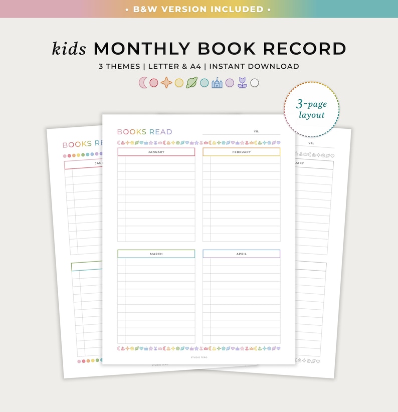 Kids Monthly Book Record, Printable, Minimal, Kids Book Log, Kids ...