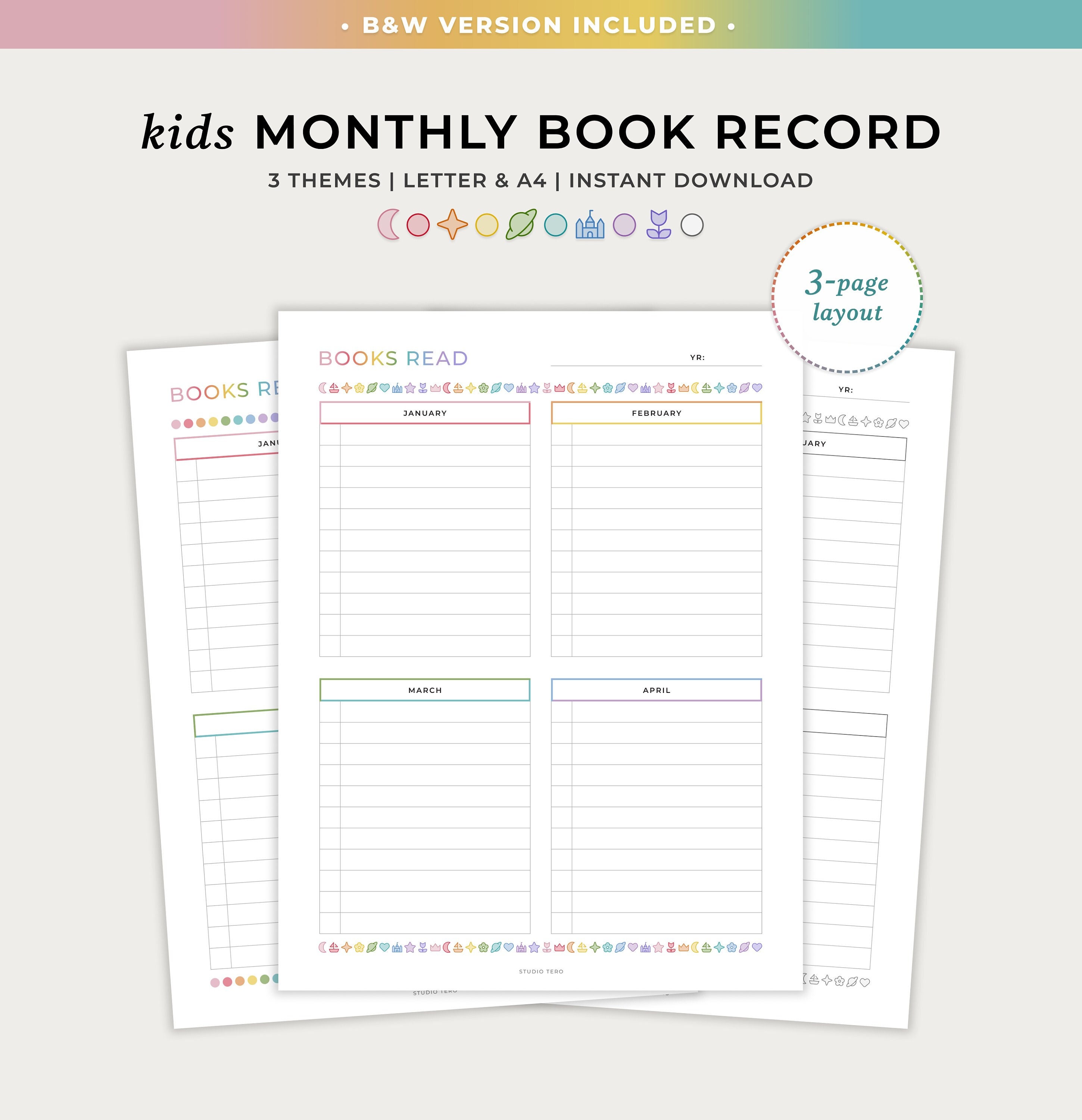 Kids Monthly Book Record, Printable, Minimal, Kids Book Log, Kids ...