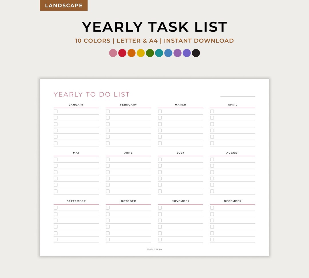 Yearly Task List, Printable Landscape, Yearly to Do List, Minimalist ...