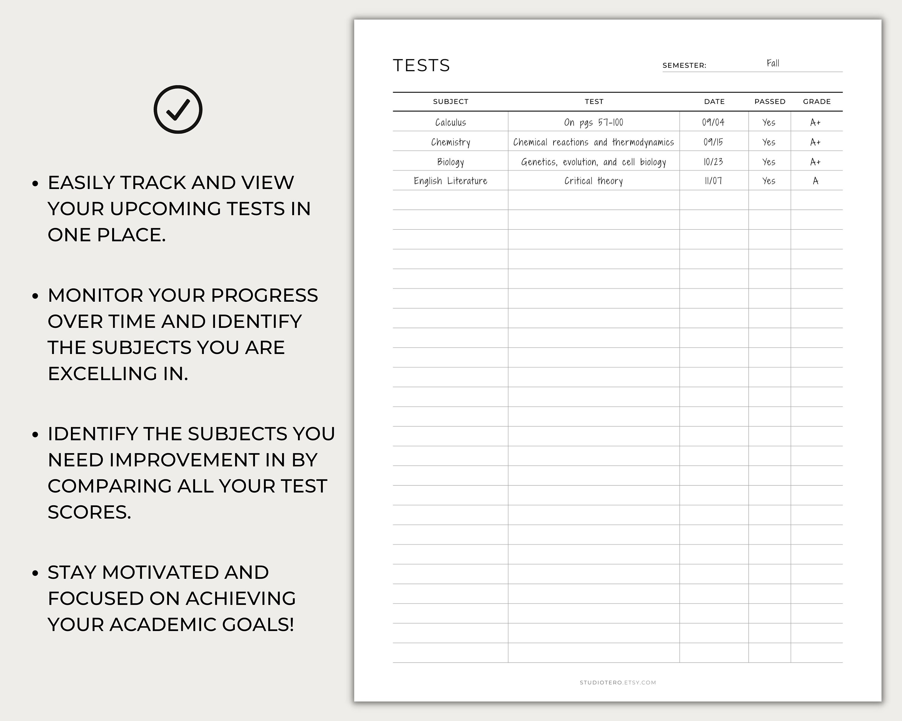 Tests Tracker, Printable, Minimal, Exams Tracker, Study Planner, Exam ...