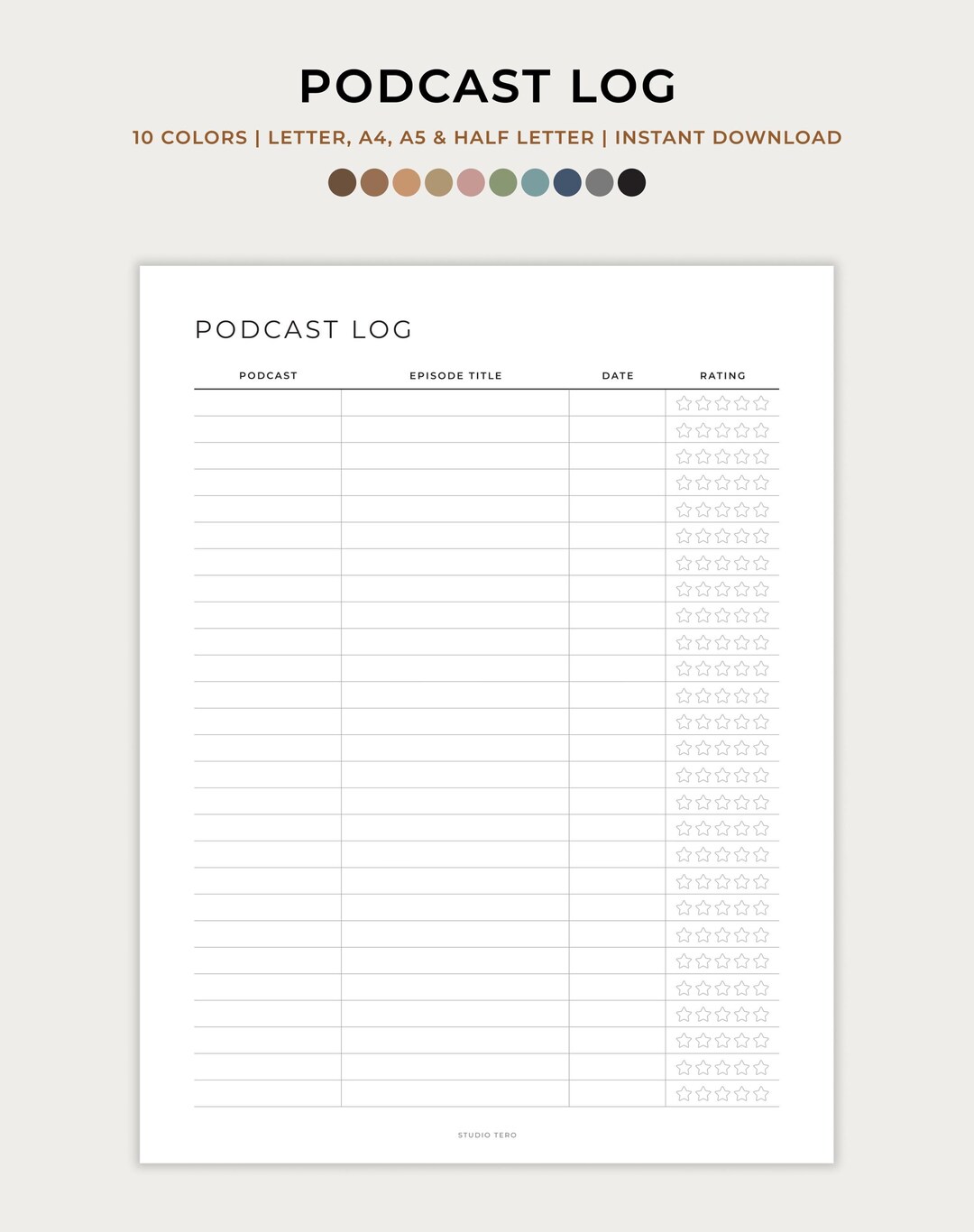 Podcast Log, Podcast Tracker, Digital Podcast Listening List, Podcast ...