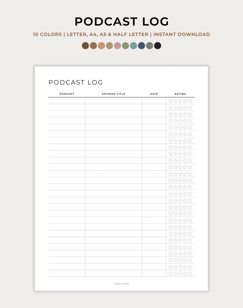 Podcast Log, Podcast Tracker, Digital Podcast Listening List, Podcast ...