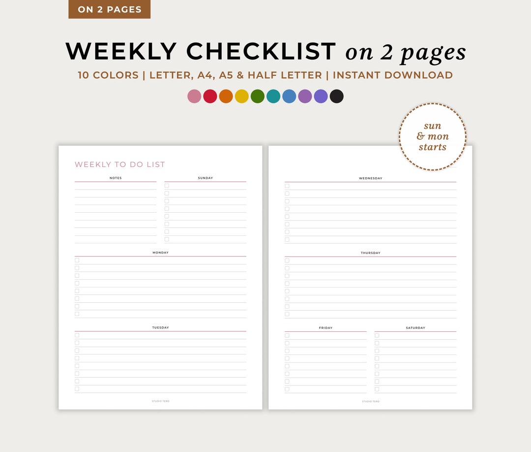 Weekly Checklist, Printable PDF, Weekly Task List, to Do List Template ...