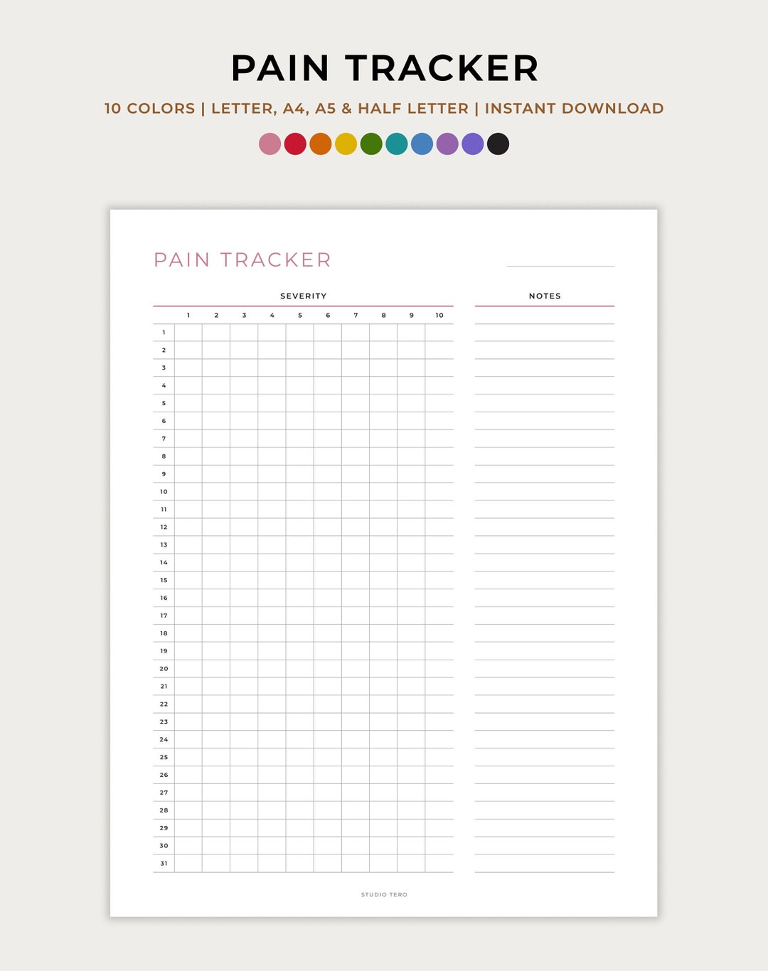 Buy Pain Tracker, Printable PDF, Track Daily Pain Severity, Wellness ...
