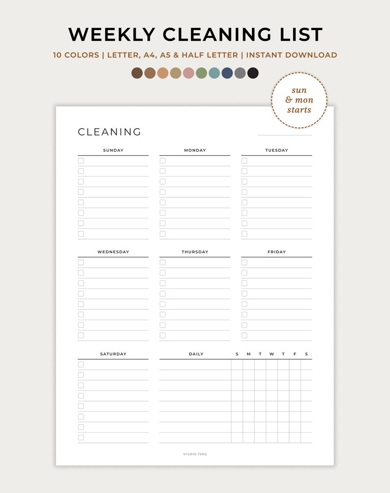 Weekly Cleaning List, Cleaning Schedule, Cleaning to Do List, Household ...