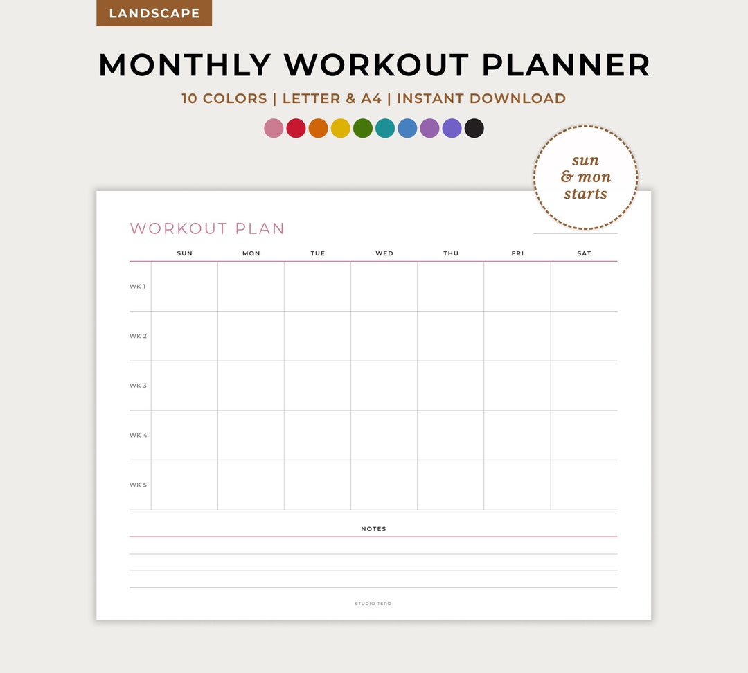Monthly Workout Planner Printable, Landscape, 30 Days Fitness Planner ...