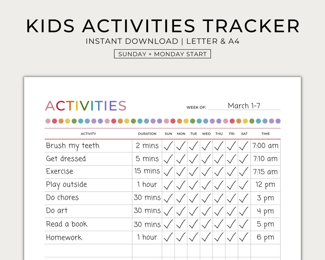 Kids Activities Tracker, Printable, Minimal, Routine Chart, Kid Planner ...