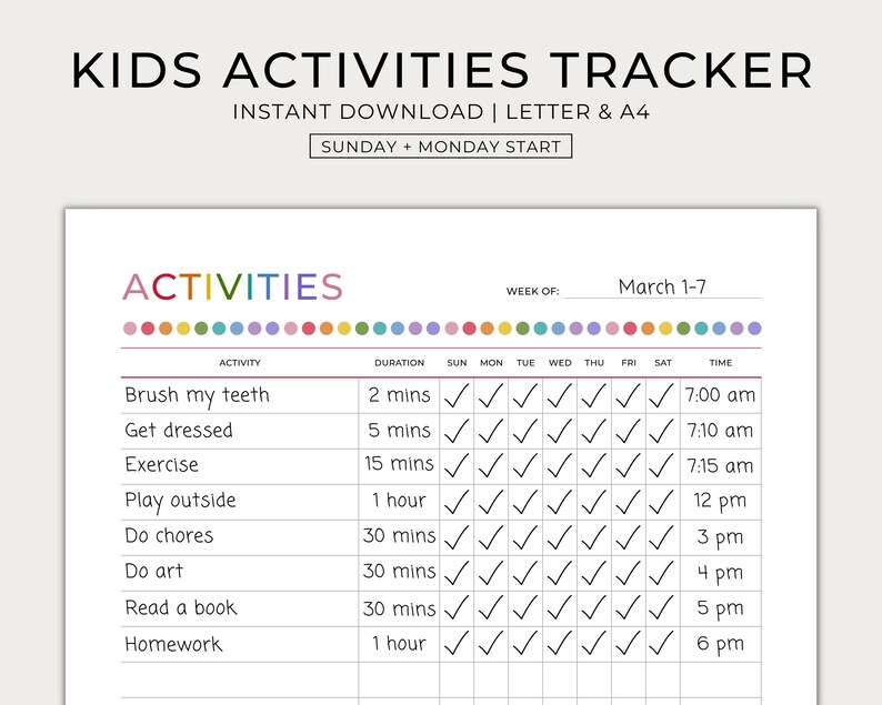 Kids Activities Tracker, Printable, Minimal, Routine Chart, Kid Planner ...