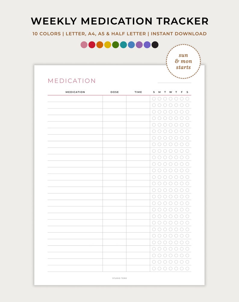Weekly Medication Tracker, Printable, Medication Schedule, Medication ...
