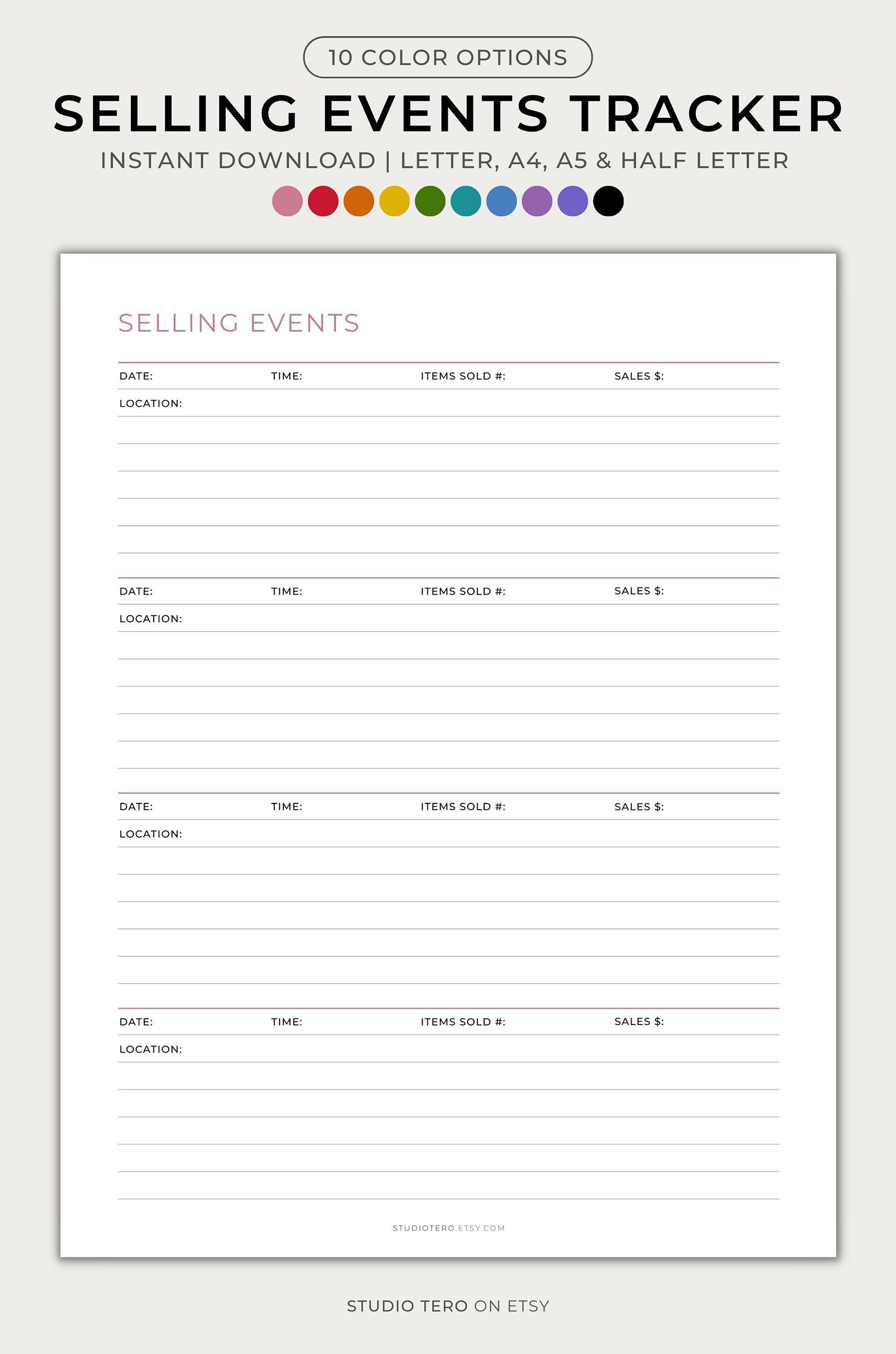 Selling Events Tracker, Printable, Minimal, Sales Tracker, Business ...