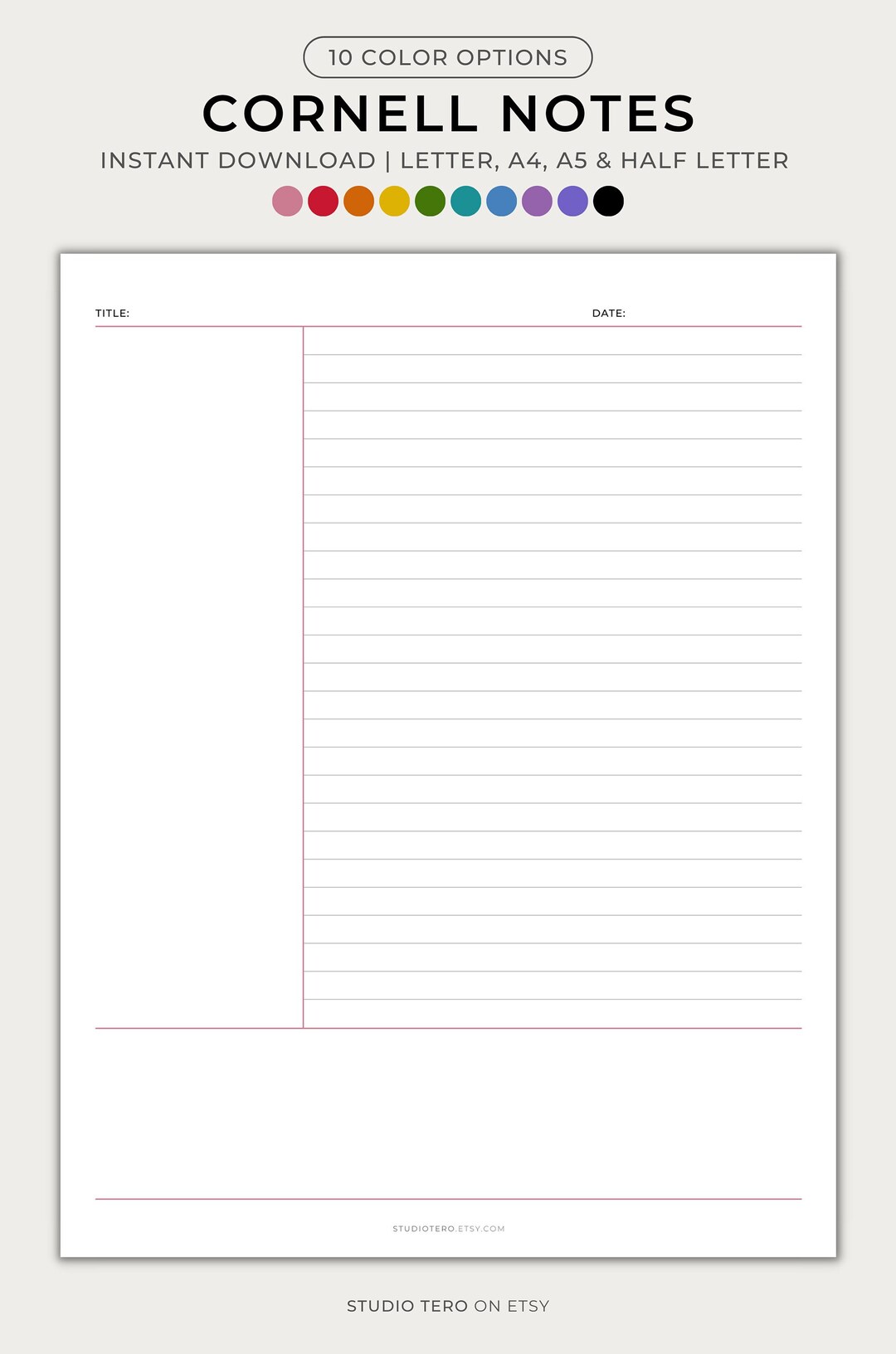 Cornell Notes, Printable, Minimal, Lined Notes Paper, Cornell Note ...