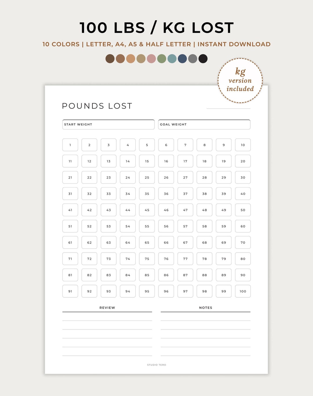 100 Pounds Kg Lost Weight Tracker Printable, Weight Loss Tracker ...