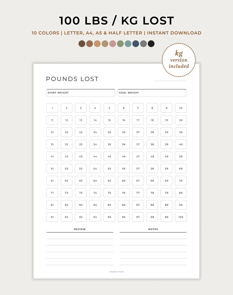 100 Pounds Kg Lost Weight Tracker Printable, Weight Loss Tracker ...