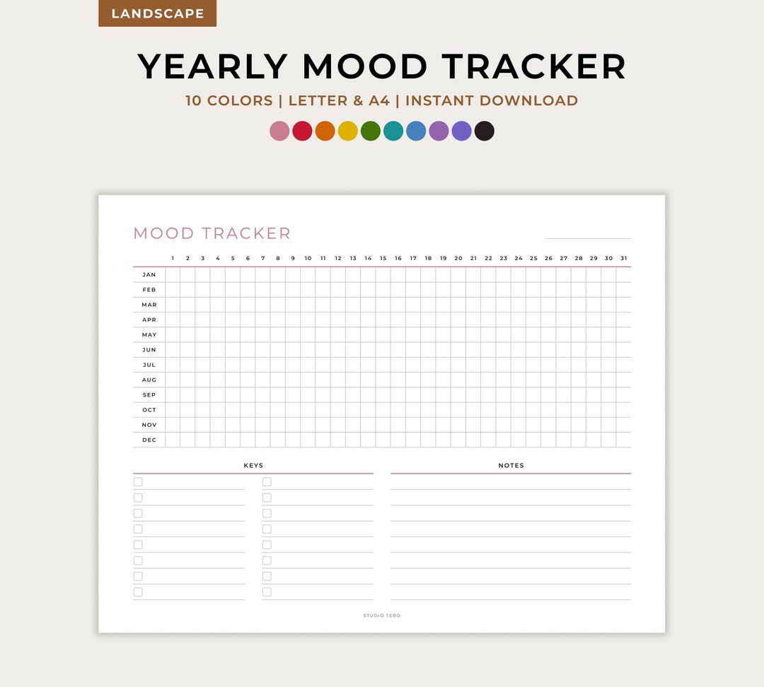 Yearly Mood Tracker, Printable, A Year in Pixels, Mood Journal, Emotion ...