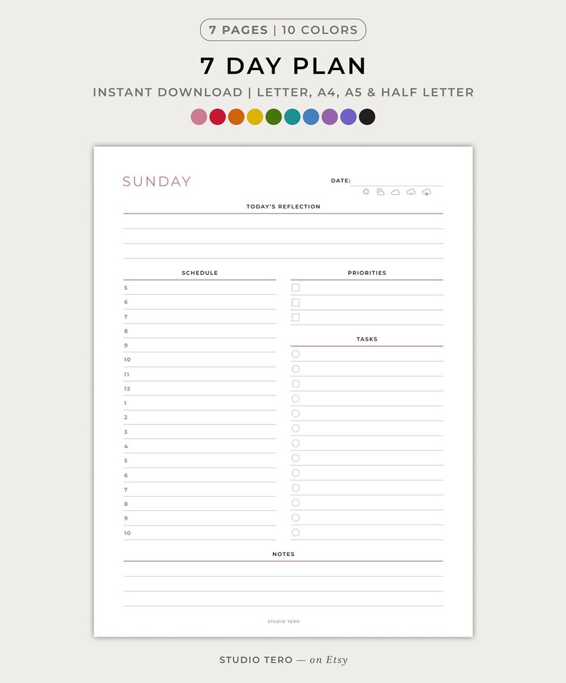 7 Day Plan, Daily Printable 8.5x11 Planner Daily Grind Planner Inserts ...