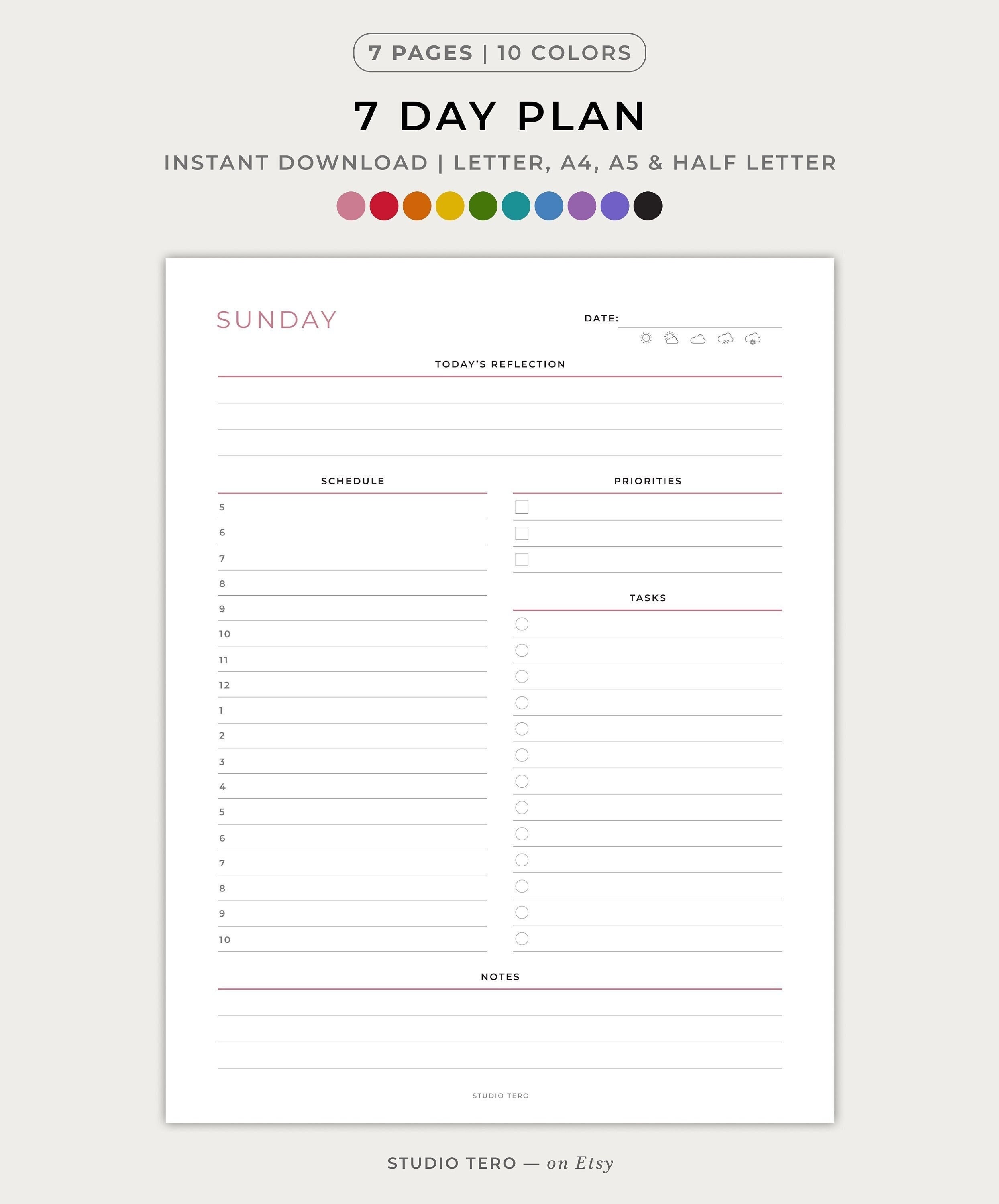 7 Day Plan, Daily Printable 8.5x11 Planner Daily Grind Planner Inserts ...