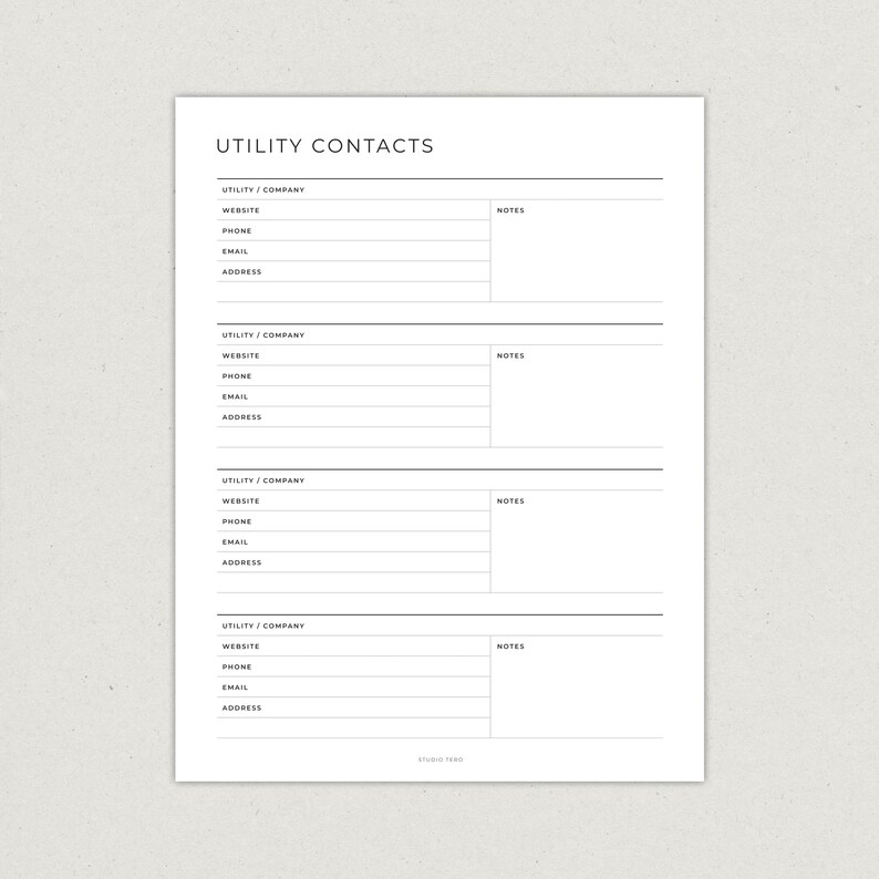 Utility Contacts Printable Template for Home, Business, Service ...