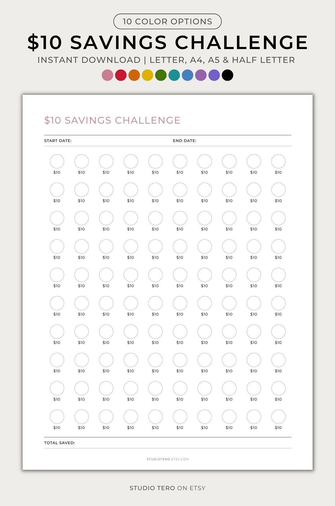 10 Dollar Savings Challenge, Printable, Minimal, 10 Dollar Bill ...