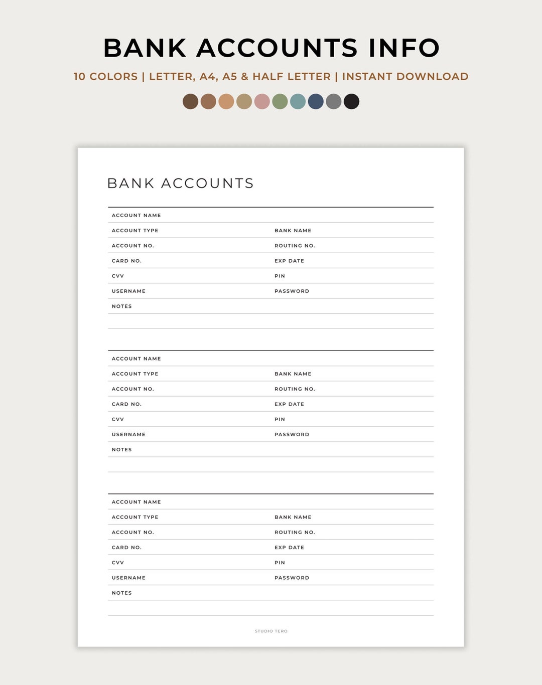 Bank Accounts Info Tracker Printable Template, Bank Account List, Bank ...