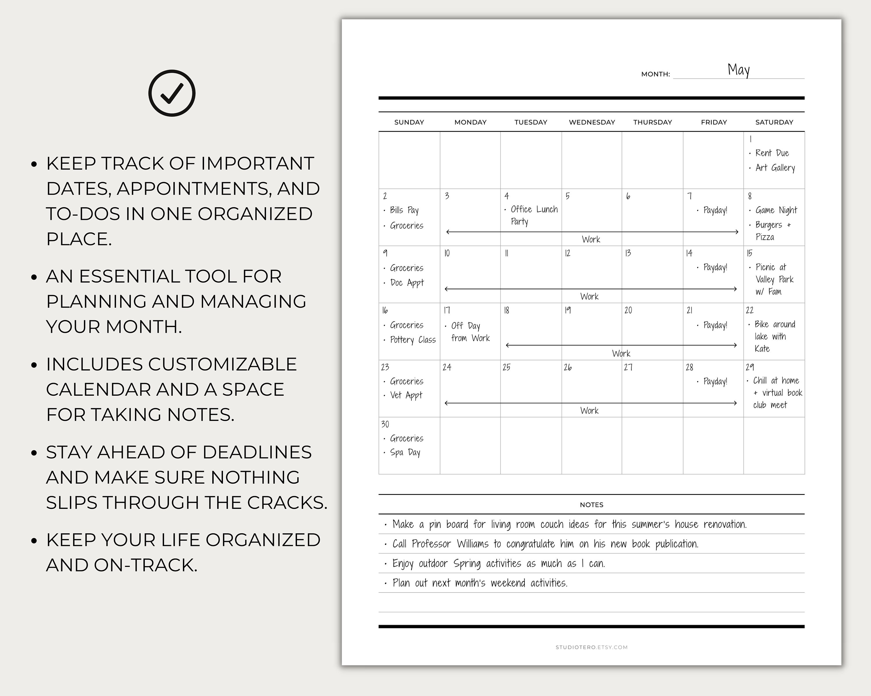 Blank Monthly Calendar, Printable, Undated Calendar, Minimal ...