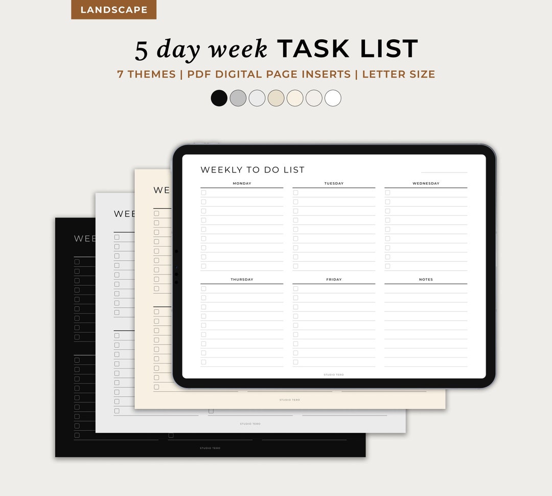 5 Day Week Task List, Printable, Weekly Planner Template, Student ...