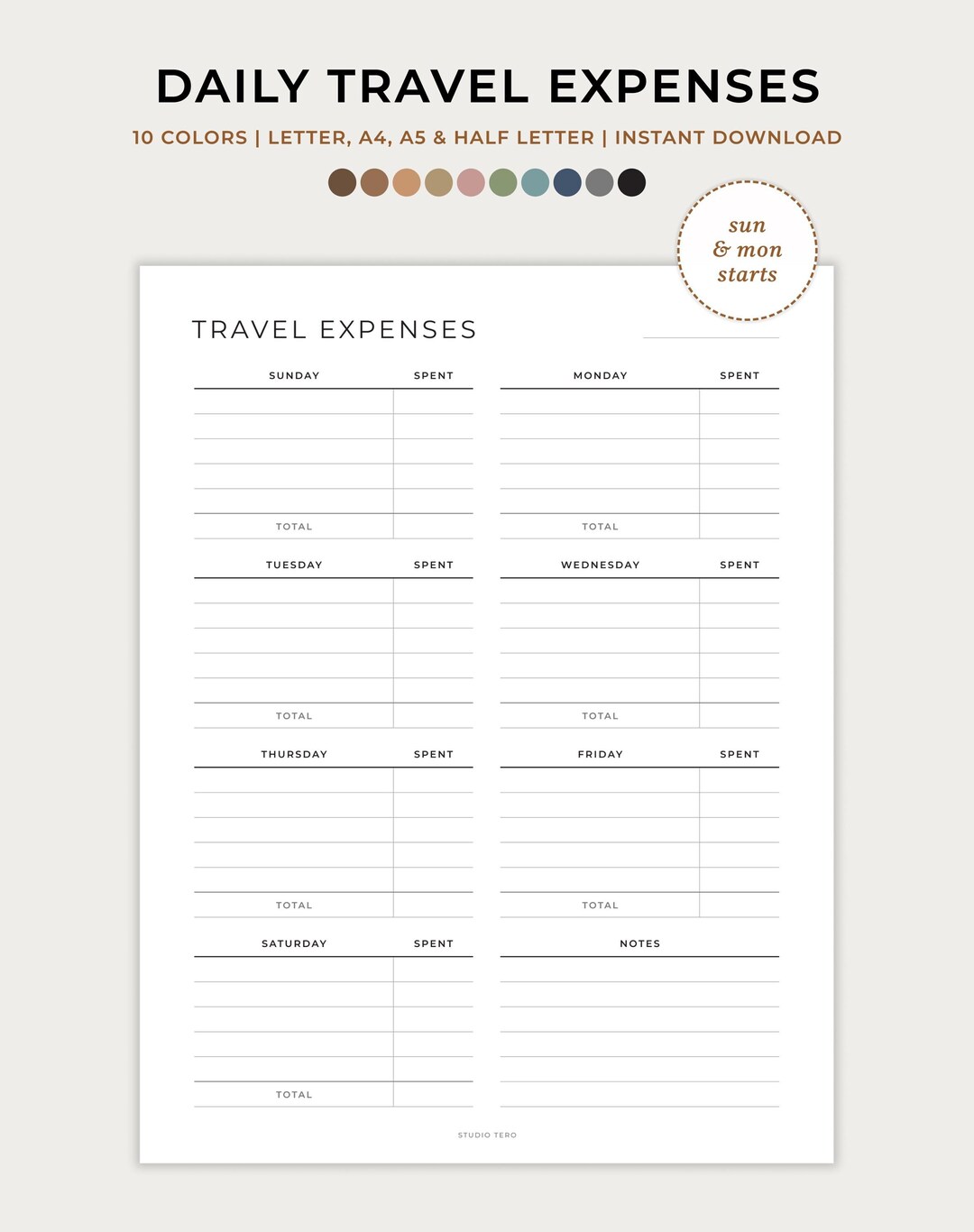 Daily Travel Expenses Tracker, Vacation Spending Log, Holiday Finances ...