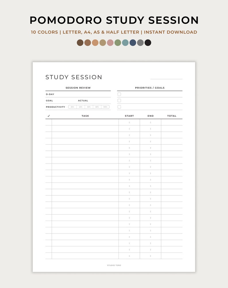 Pomodoro Study Session, Minimalist Study Planner, Student Organizer, Assignment Planner, A4, A5 ...
