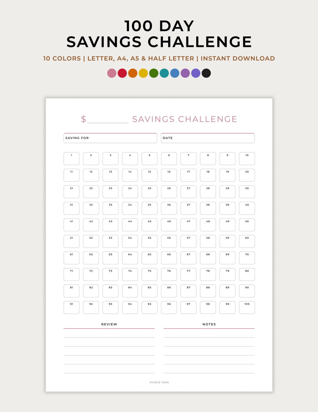 100 Day Savings Challenge Printable PDF, Savings Trackers, Money Challenge, Finance Planner ...