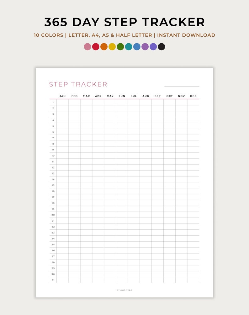 365 Day Step Tracker, Daily Step Record, Yearly Walking Log, Exercise ...