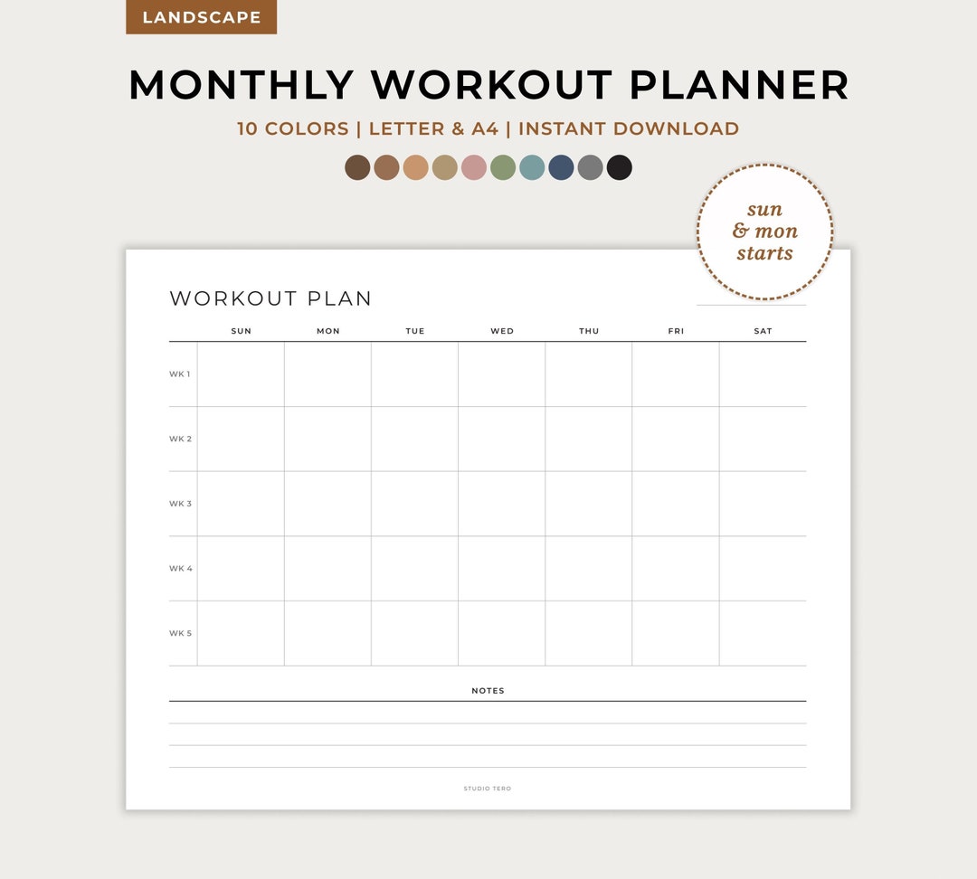 Monthly Workout Planner Printable, Landscape, 30 Days Fitness Planner ...