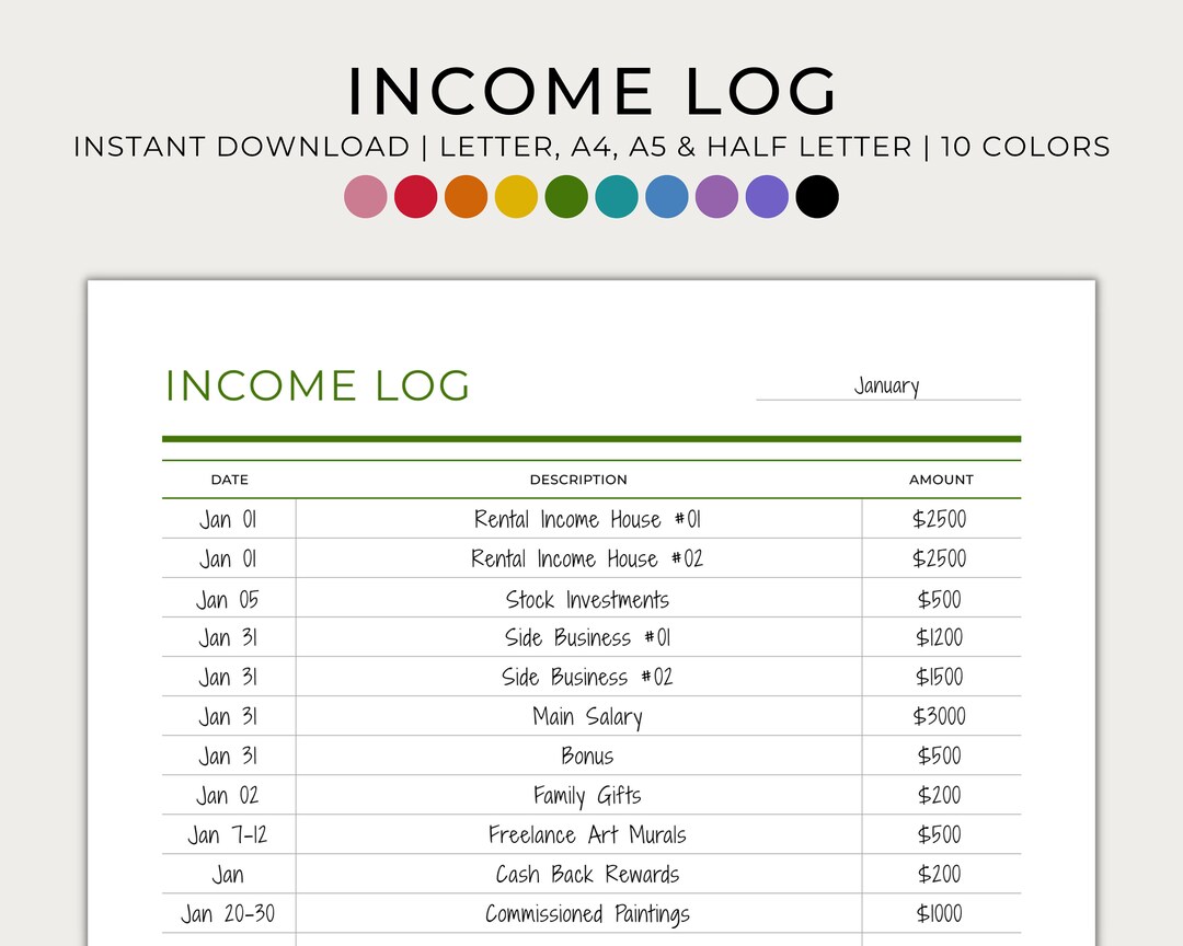 Income Log, Printable, Minimal, Productivity, Income Tracker, Budget ...