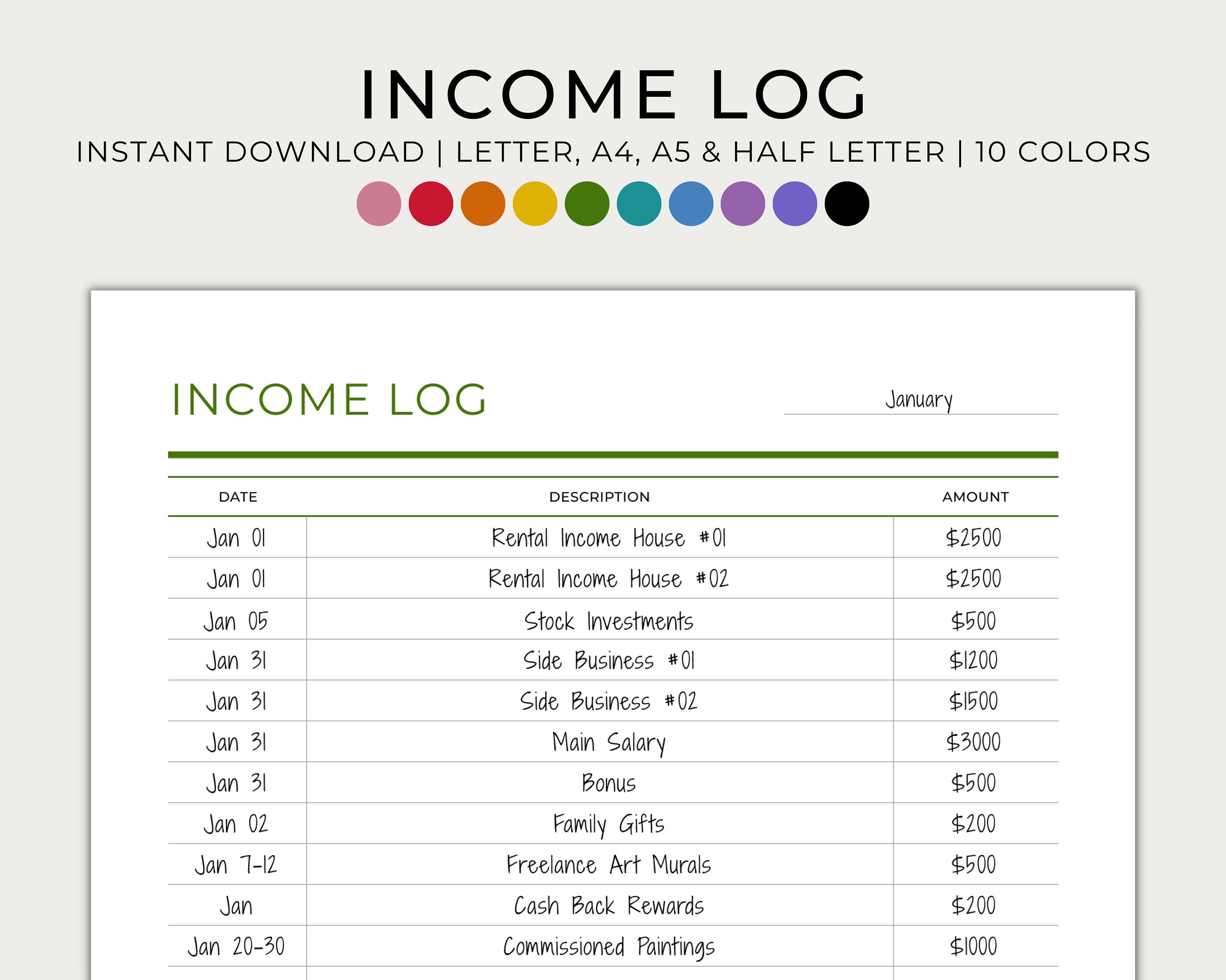 Income Log, Printable, Minimal, Productivity, Income Tracker, Budget ...