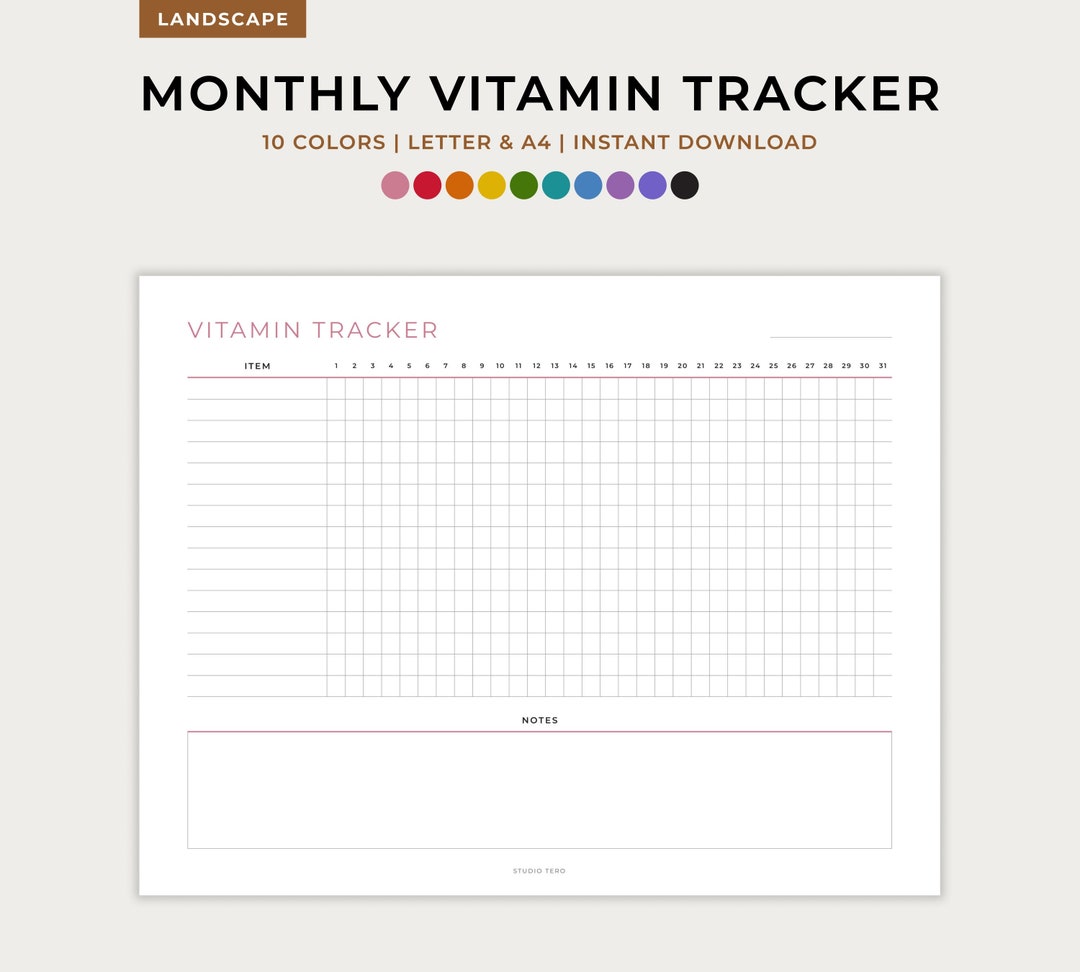 Monthly Vitamin Tracker, Printable Landscape, Supplement Checklist ...