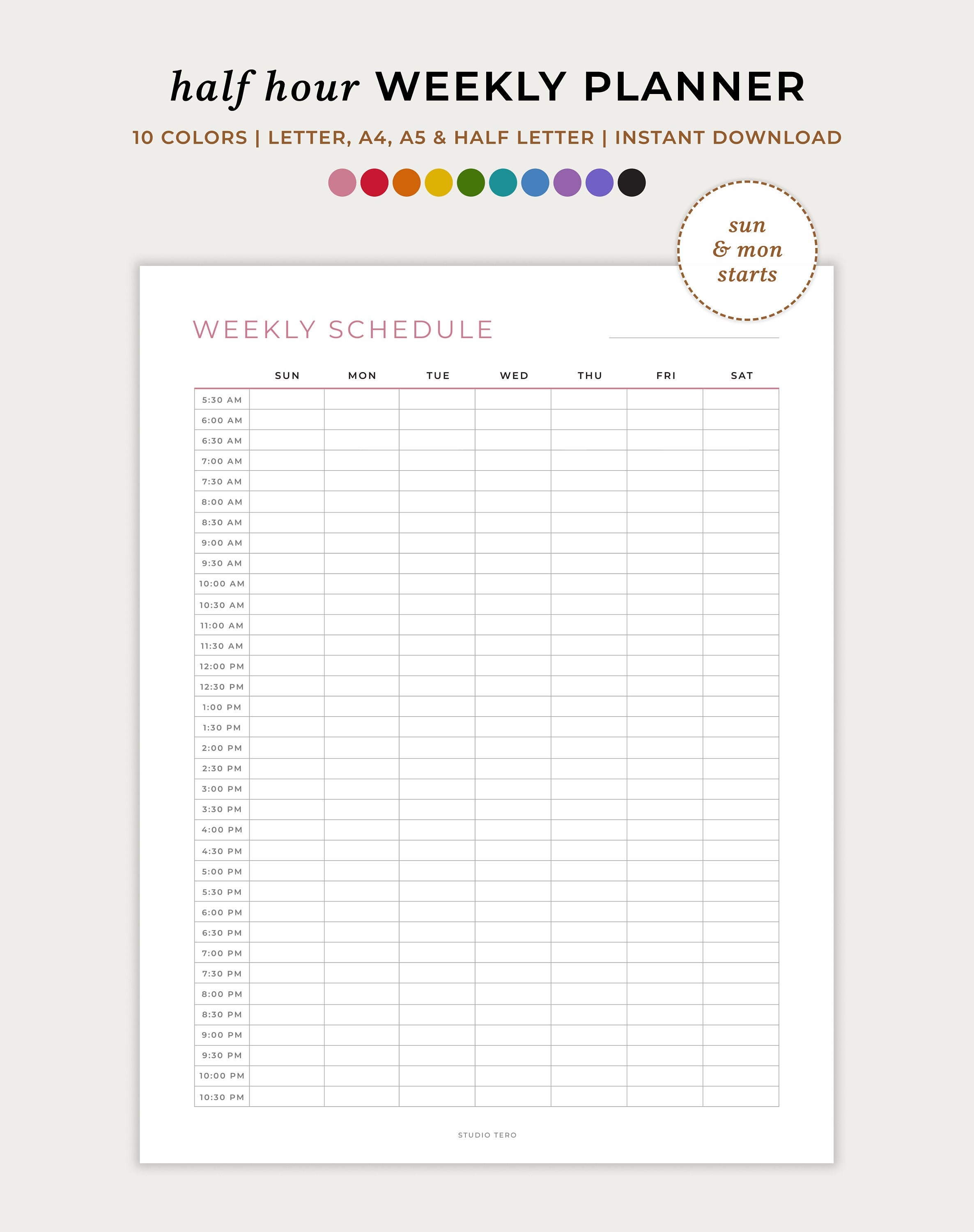 Half Hour Weekly Planner, Weekly H Desktop Weekly Plan Hourly Weekly ...