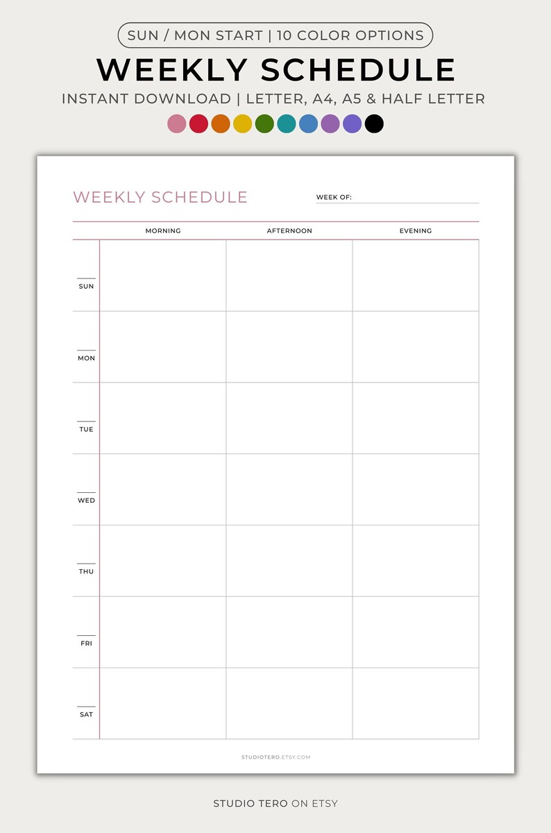 Weekly Schedule, Printable, Minimal, Weekly Agenda, Weekly Organizer ...