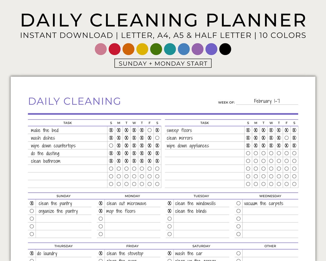 Daily Cleaning Planner, Printable, Weekly, Minimal, Productivity ...