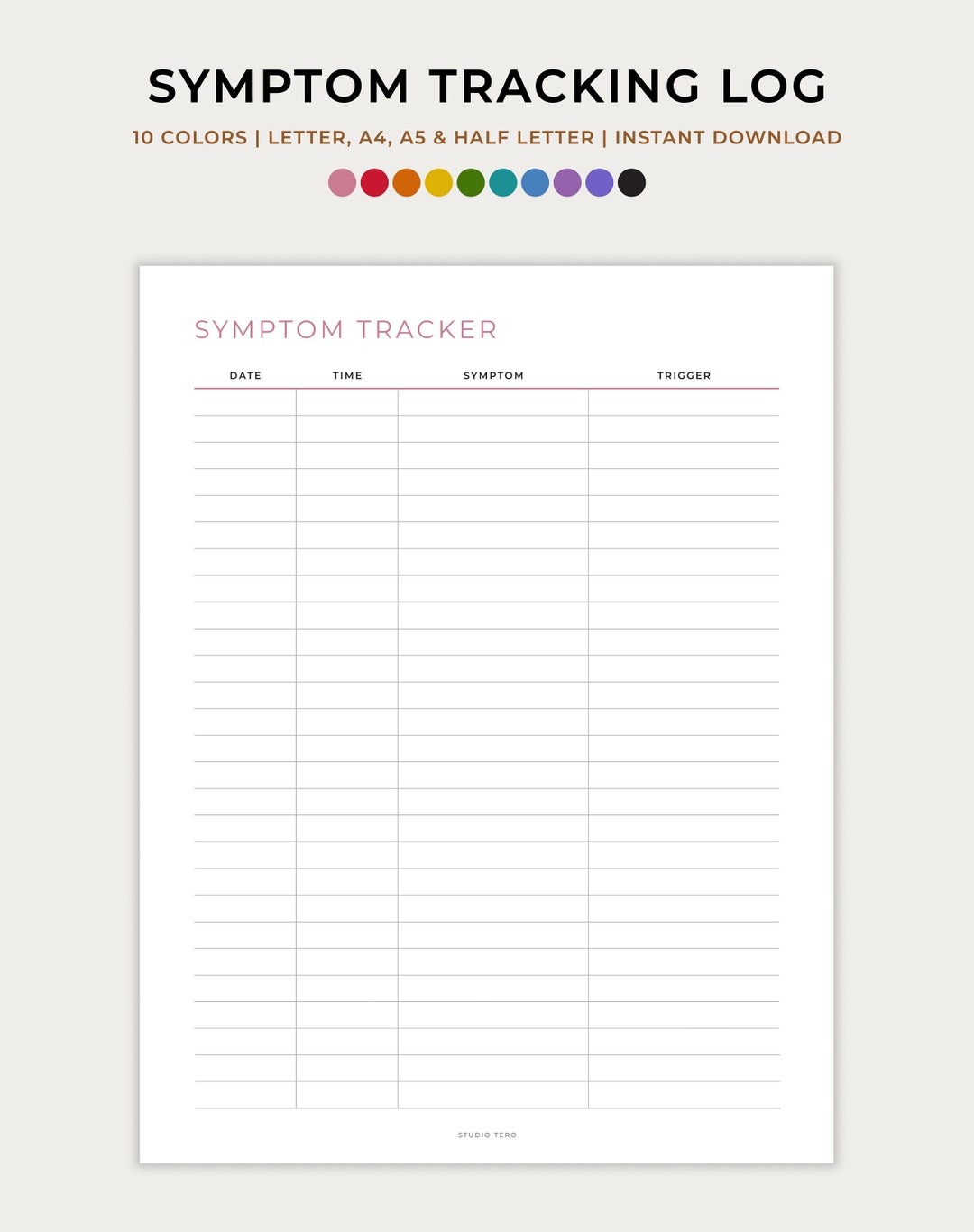 Symptom Tracking Log, Printable PDF, Symptom Frequency Tracker ...
