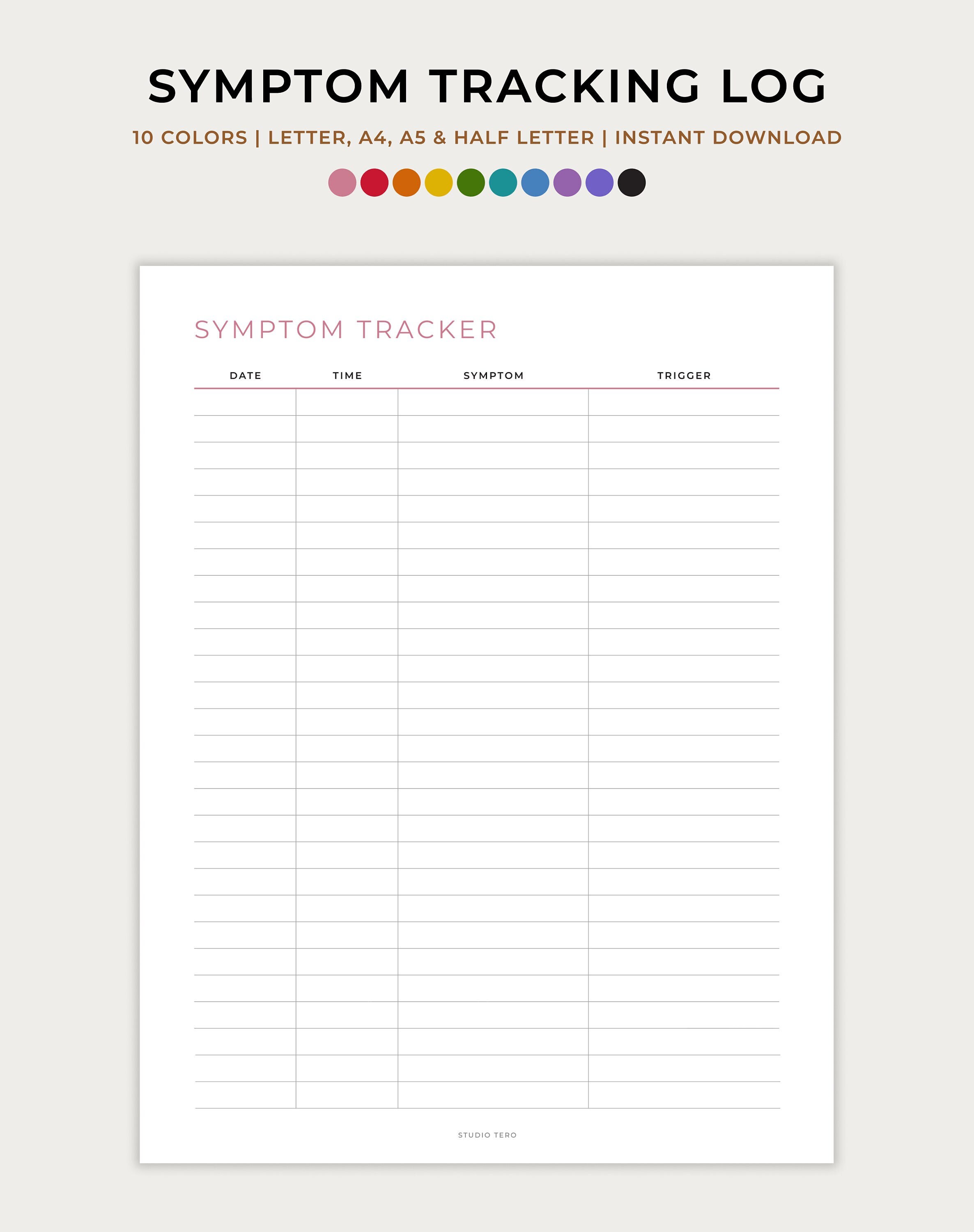 Symptom Tracking Log, Printable PDF, Symptom Frequency Tracker ...