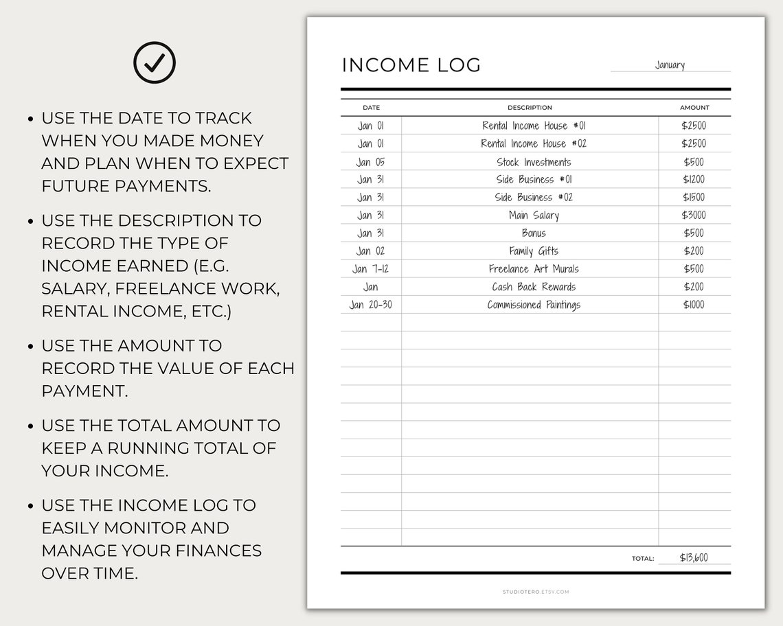 Income Log, Printable, Minimal, Productivity, Income Tracker, Budget ...