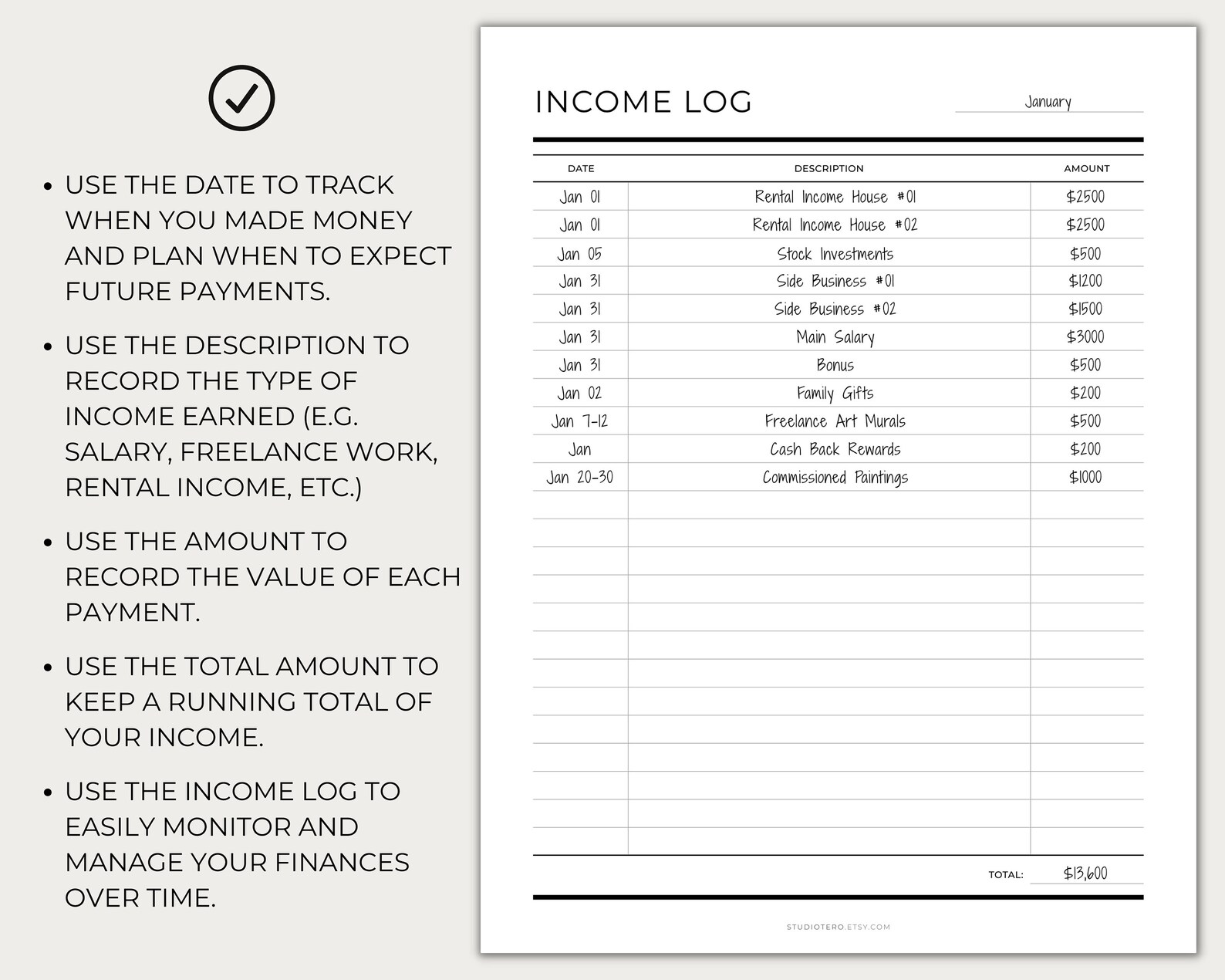 Income Log, Printable, Minimal, Productivity, Income Tracker, Budget ...