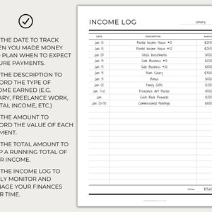 Income Log, Printable, Minimal, Productivity, Income Tracker, Budget ...