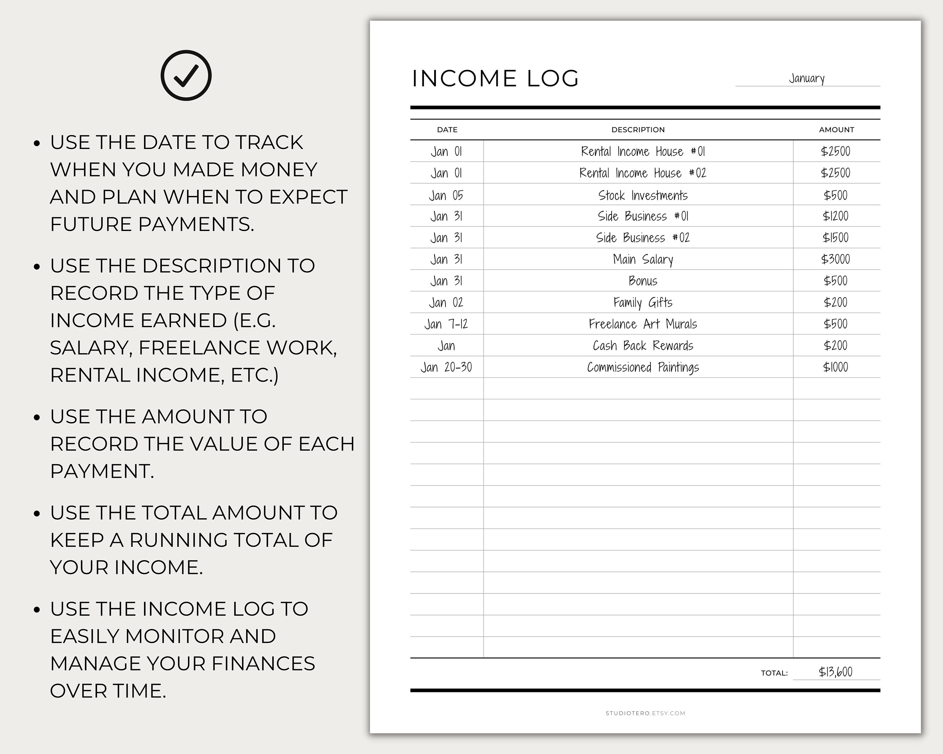 Income Log, Printable, Minimal, Productivity, Income Tracker, Budget ...