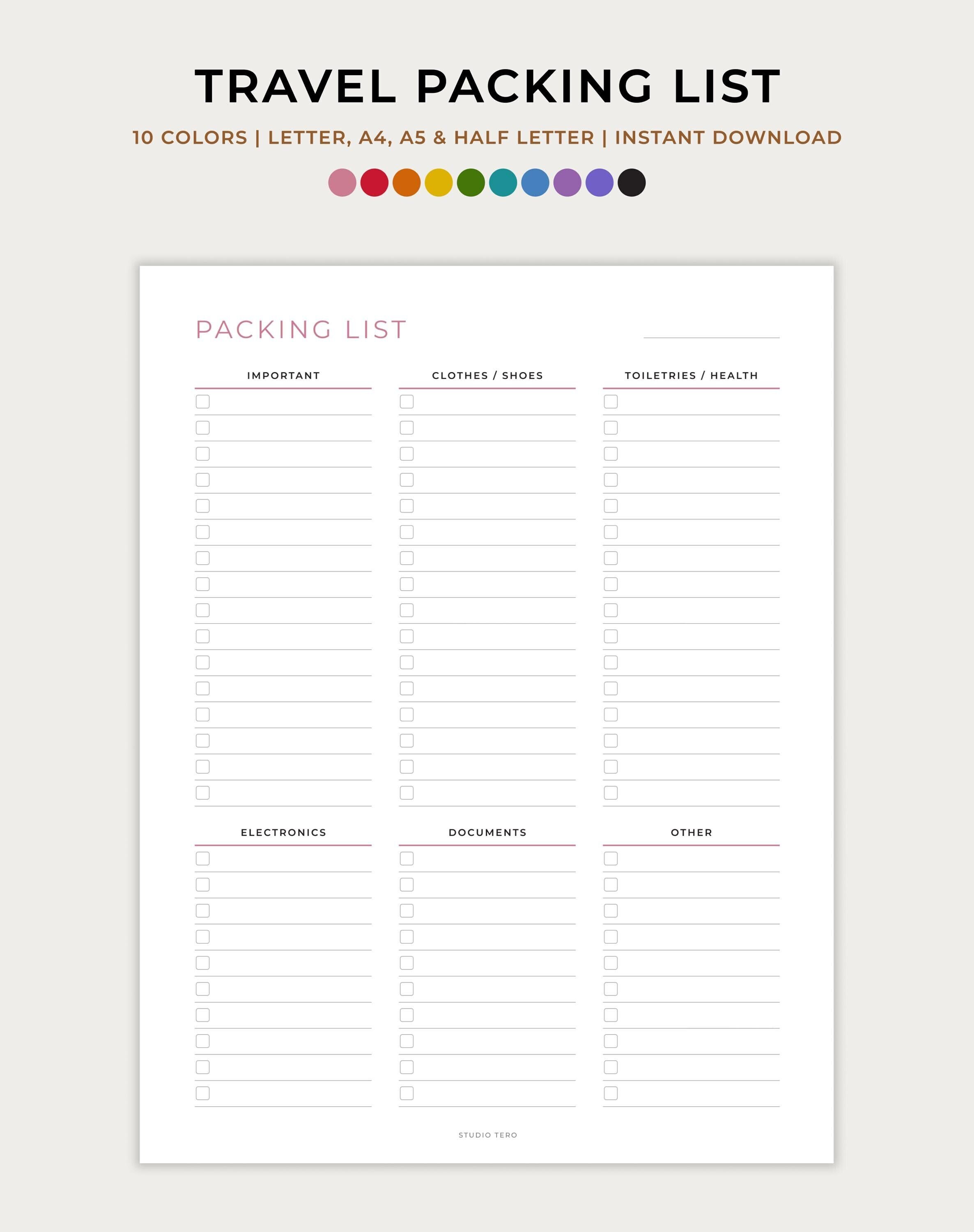 Travel Packing List Printable, Travel Documents, Electronics, Clothes ...