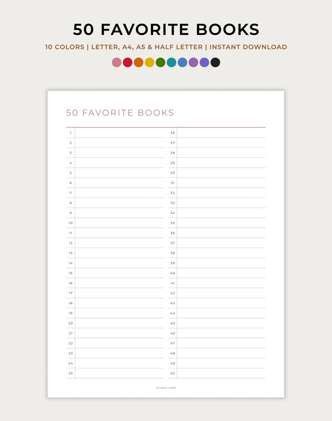 50 Favorite Books Tracker Printable, Reading Tracker, Reading Challenge ...