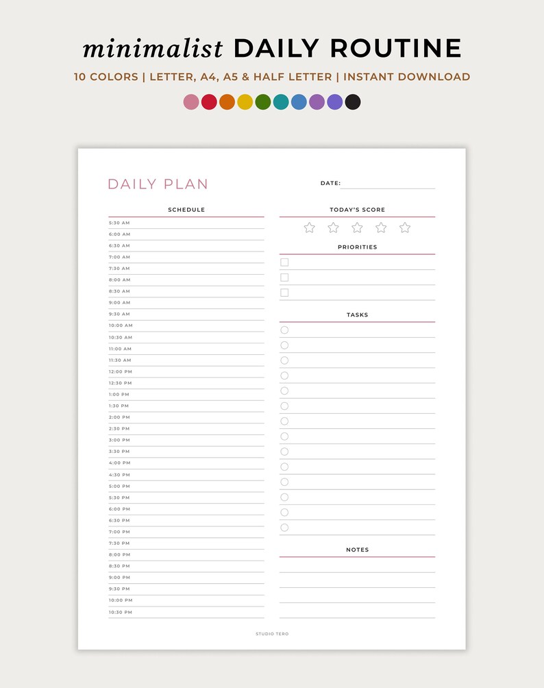 Minimalist Daily Routine, Daily Printable 8.5x11 Planner Daily Grind ...