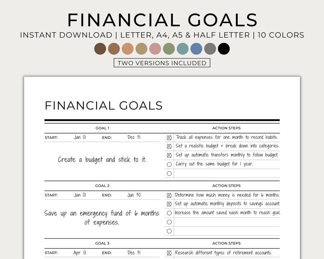 Financial Goals Planner, Printable, Minimal, Productivity, Finance ...