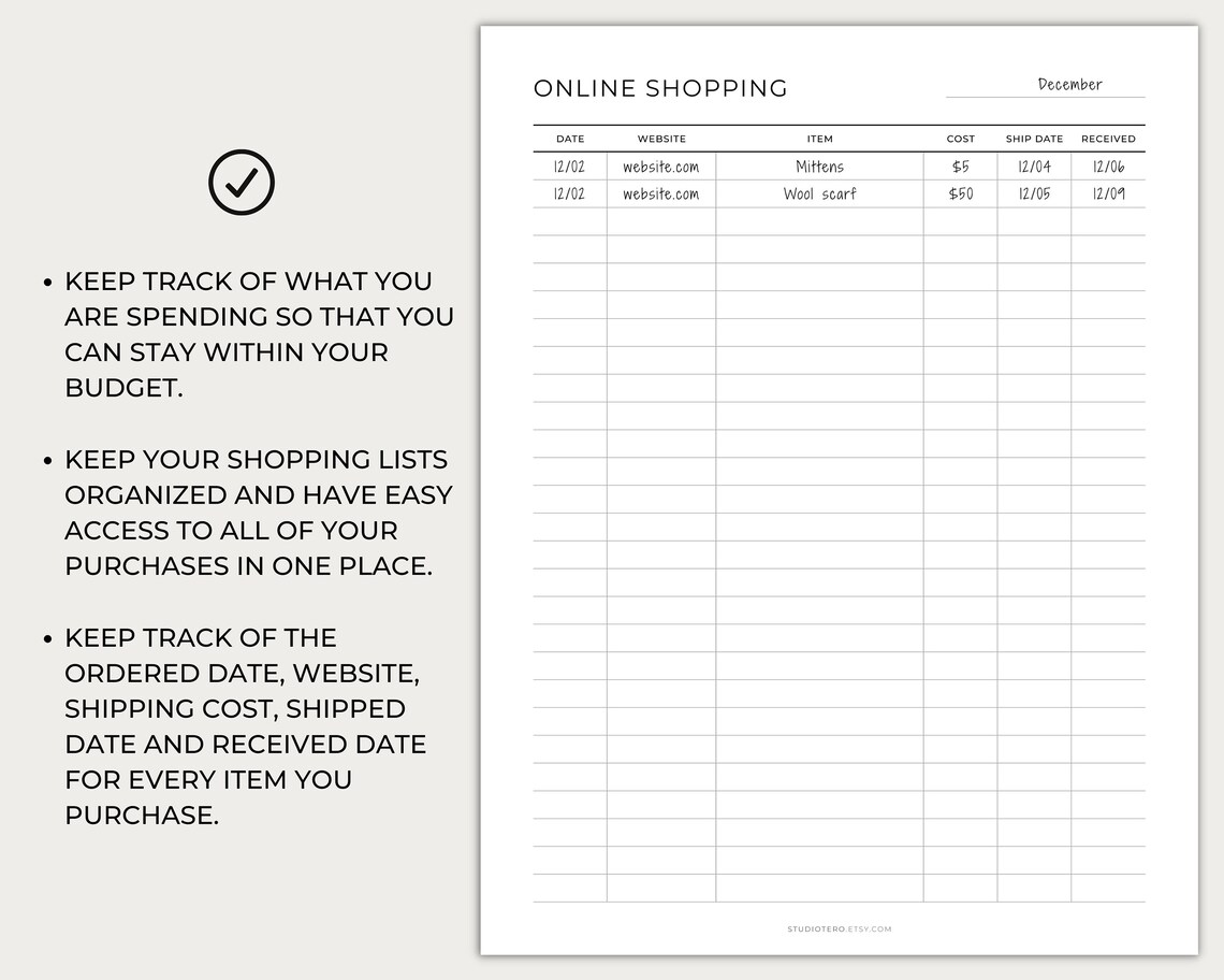 Online Shopping Tracker, Printable, Minimal, Shopping Planner, Expenses ...