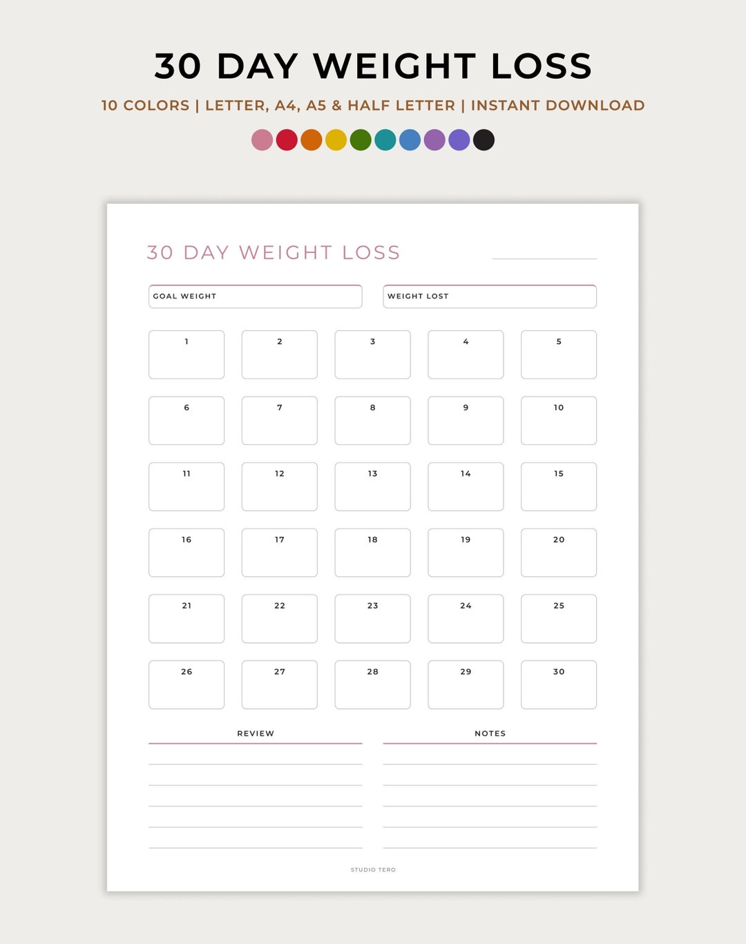 30 Day Weight Loss Tracker Printable, Weight Loss Challenge, Weight ...