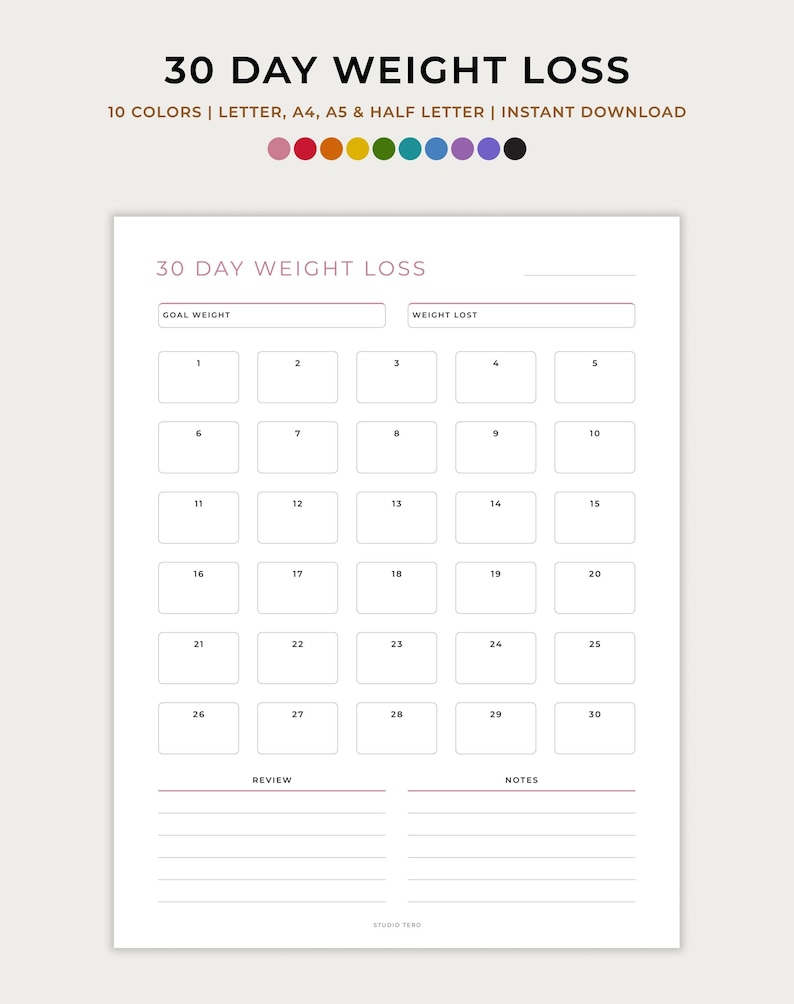 30 Day Weight Loss Tracker Printable, Weight Loss Challenge, Weight ...