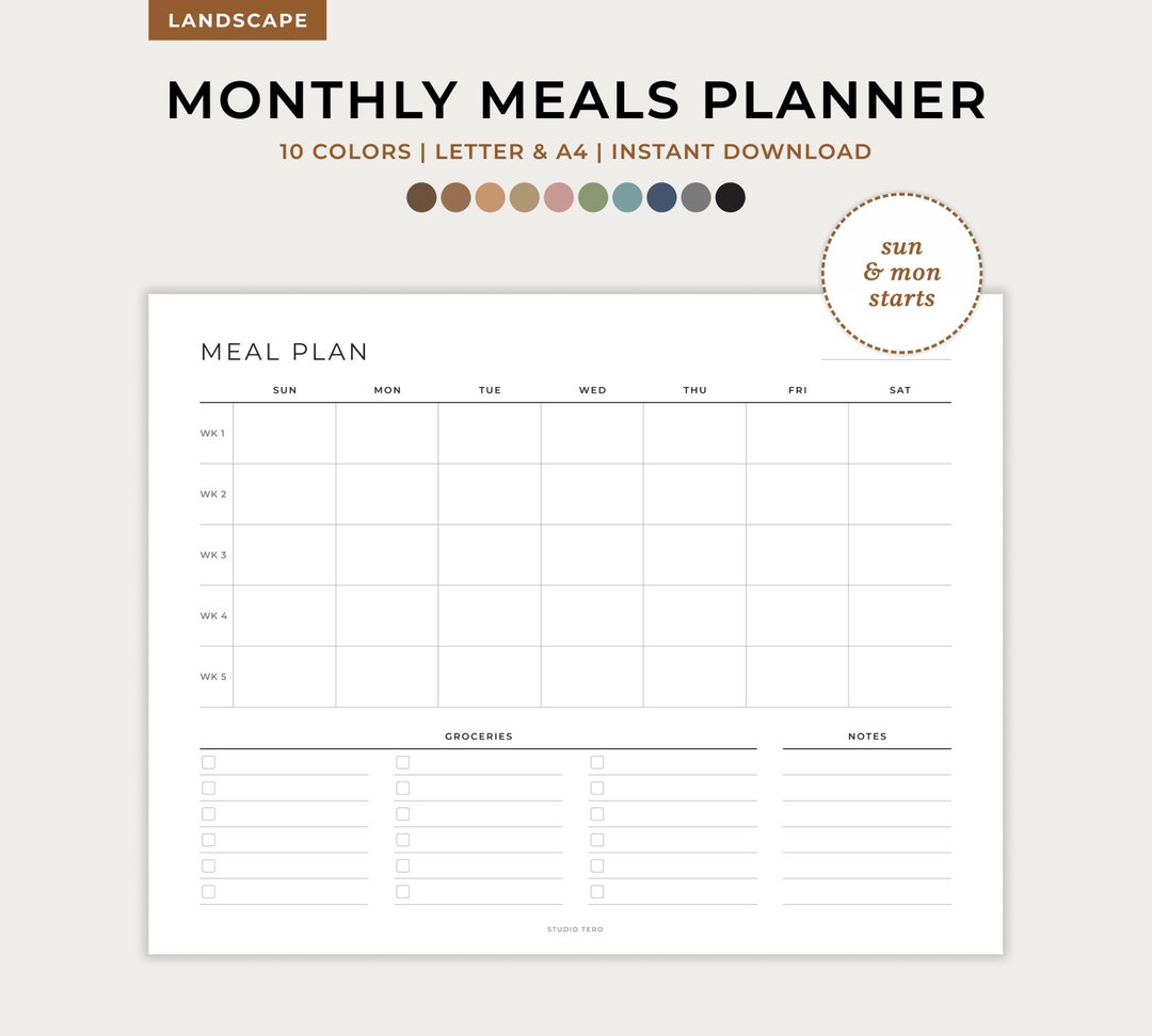 Monthly Meals Planner, Food Diary, Meal Tracker, Landscape, Food ...